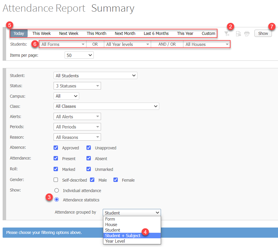 Attendance reports: Viewing attendance statistics by student and subject
